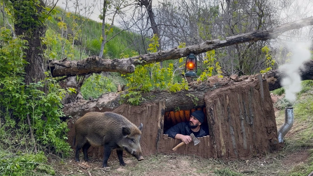 Building a Warm Bushcraft Shelter Under a Fallen Tree – Extreme Survival Dugout