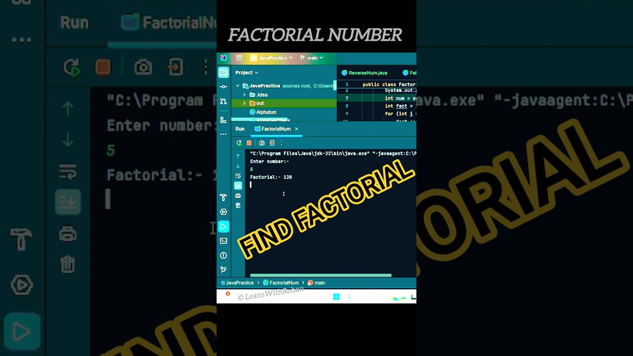 Java Program to Find Factorial of a Number | LearnWithRehan#coding #shorts #viral #trending #java