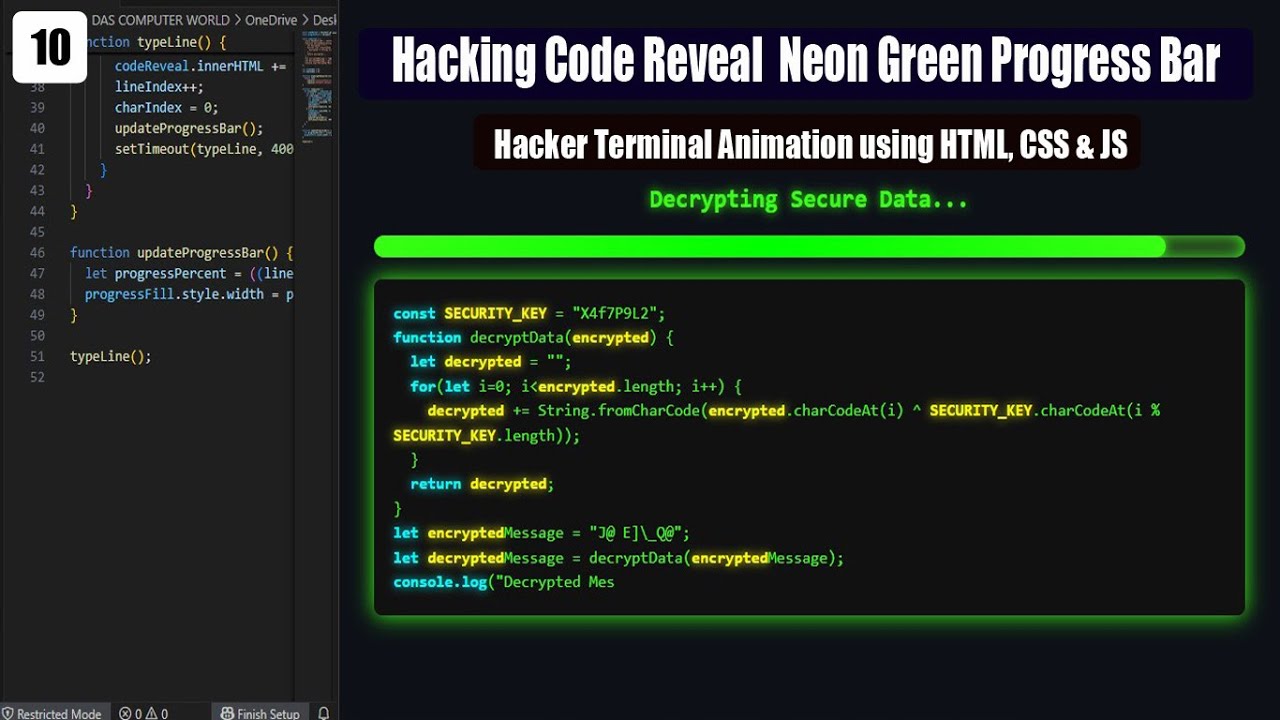 Hacking Code Reveal with Progress Bar | Neon Hacker Terminal Animation using HTML, CSS & JS
