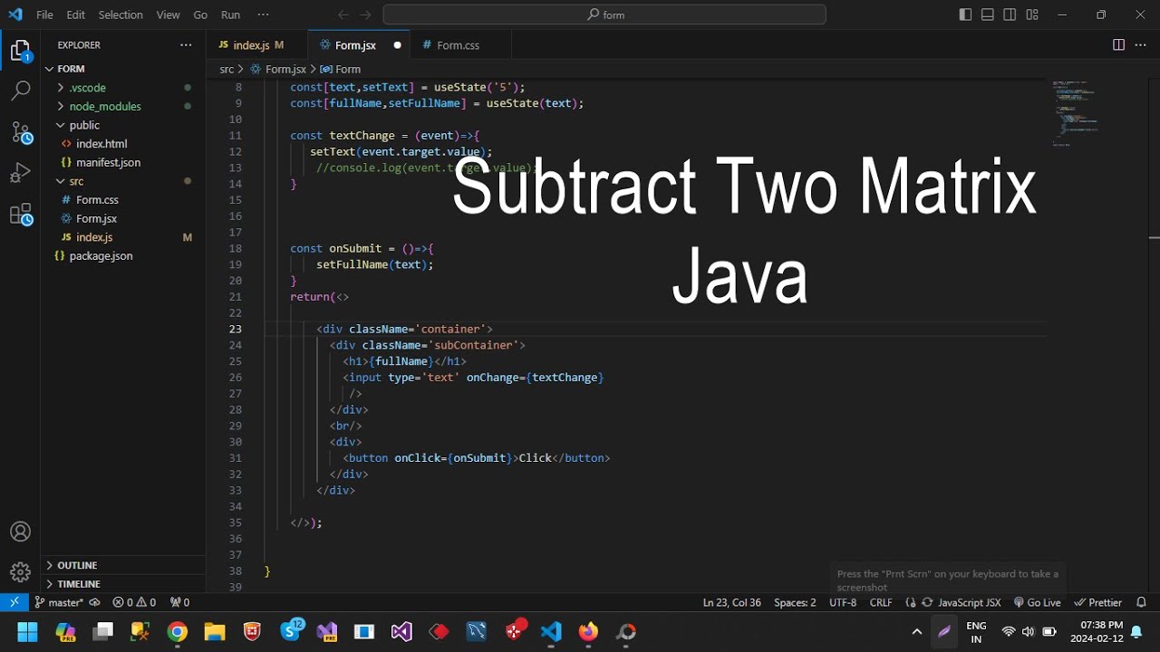 Program to subtract the two matrices in Java Visual Studio Code