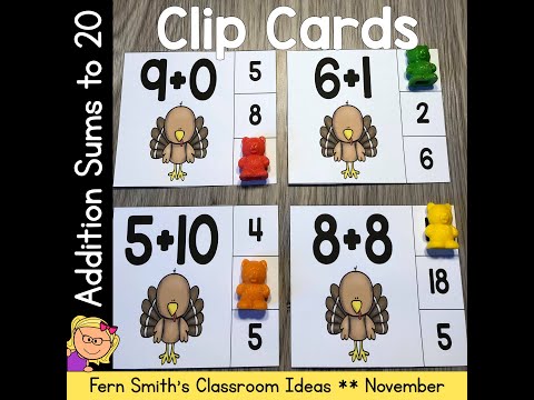 Addition Sums to 20 Clip Cards Turkey Themed Centers