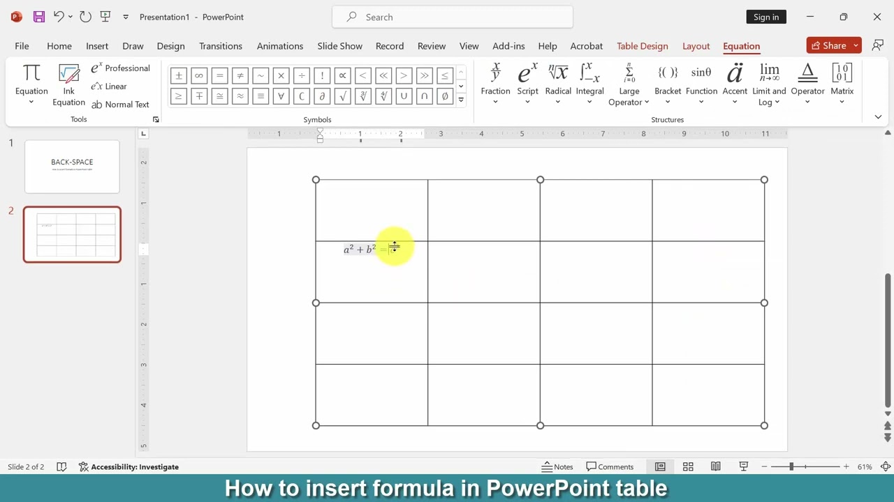 How to insert formula in PowerPoint table