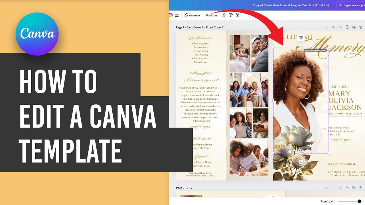 Canva Template Editing: Classic Rose Funeral Program Tutorial by Godserv Designs | #funeralprogram