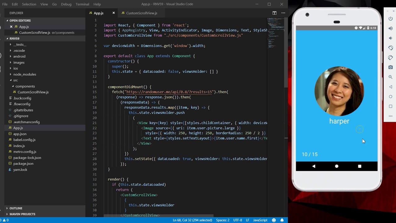 React Native Full Width Horizontal JSON ScrollView showing Page Numbers