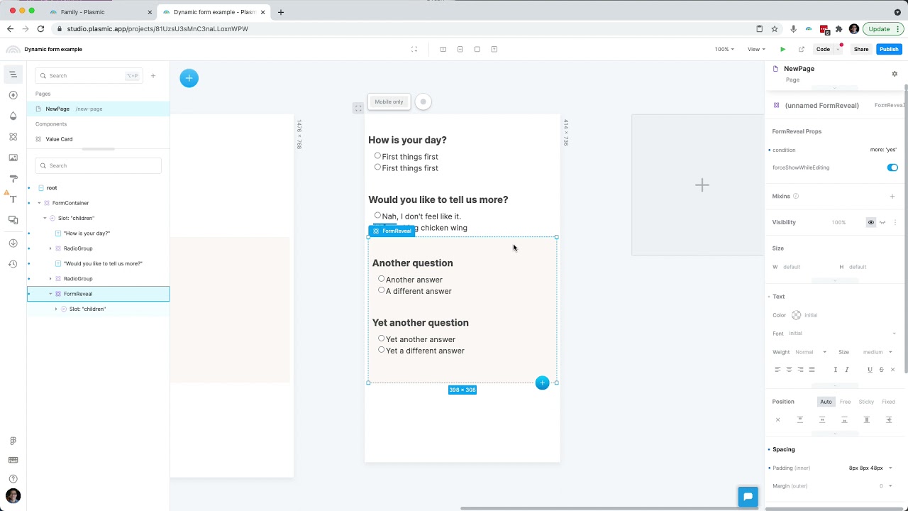 Dynamic form code components example