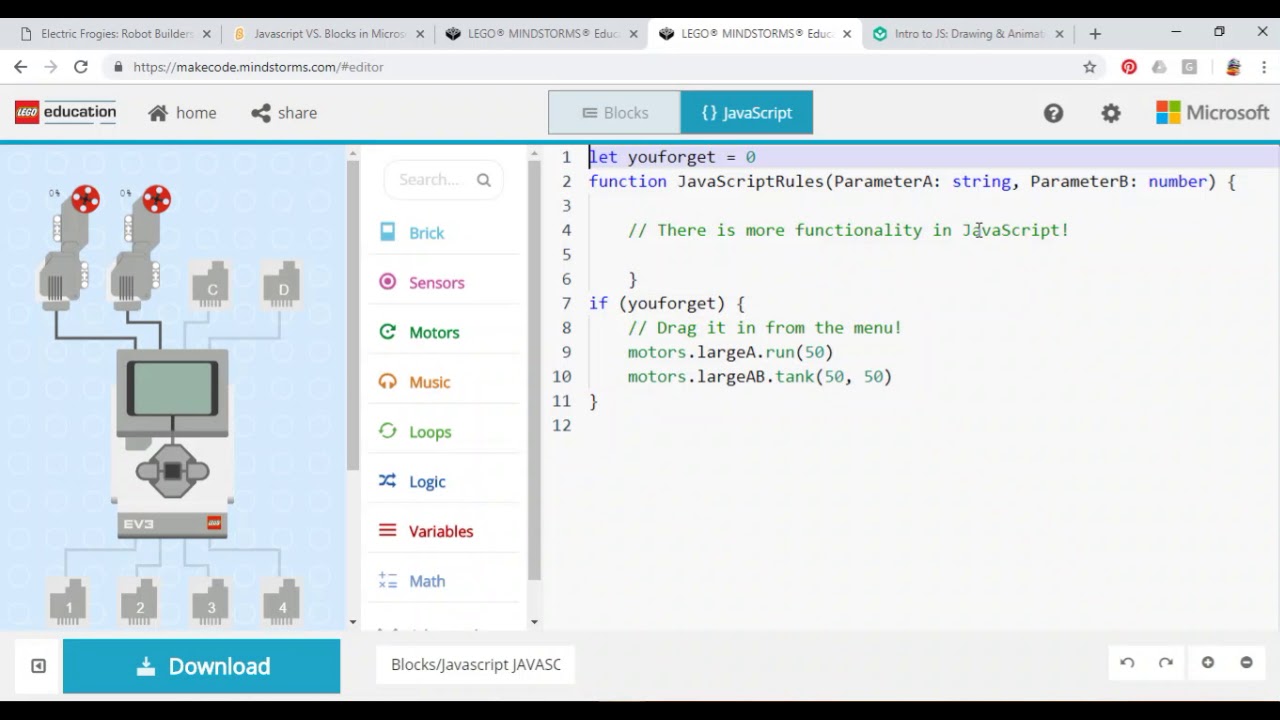 Blocks vs  JavaScript in Microsoft Makecode for EV3