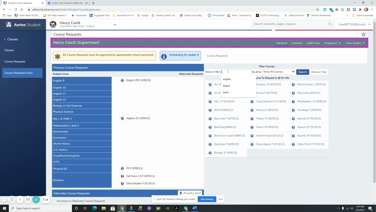 Aeries Student Portal Online Course Requests