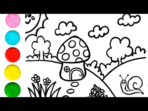 Mushroom house drawing|how to draw a cute mushroom house scenery for kids