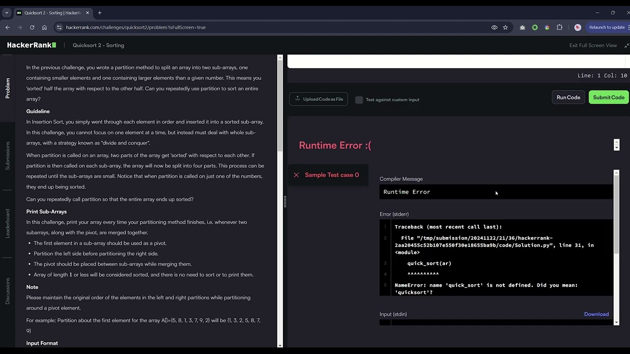 Hackerrank Problem: Quicksort 2   Sorting