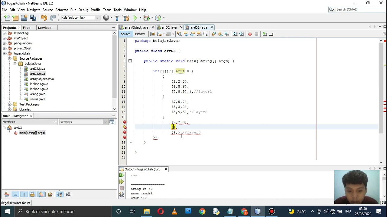 Tutorial Java : Membuat elemen array 3 dimensi menggunakan type data integer