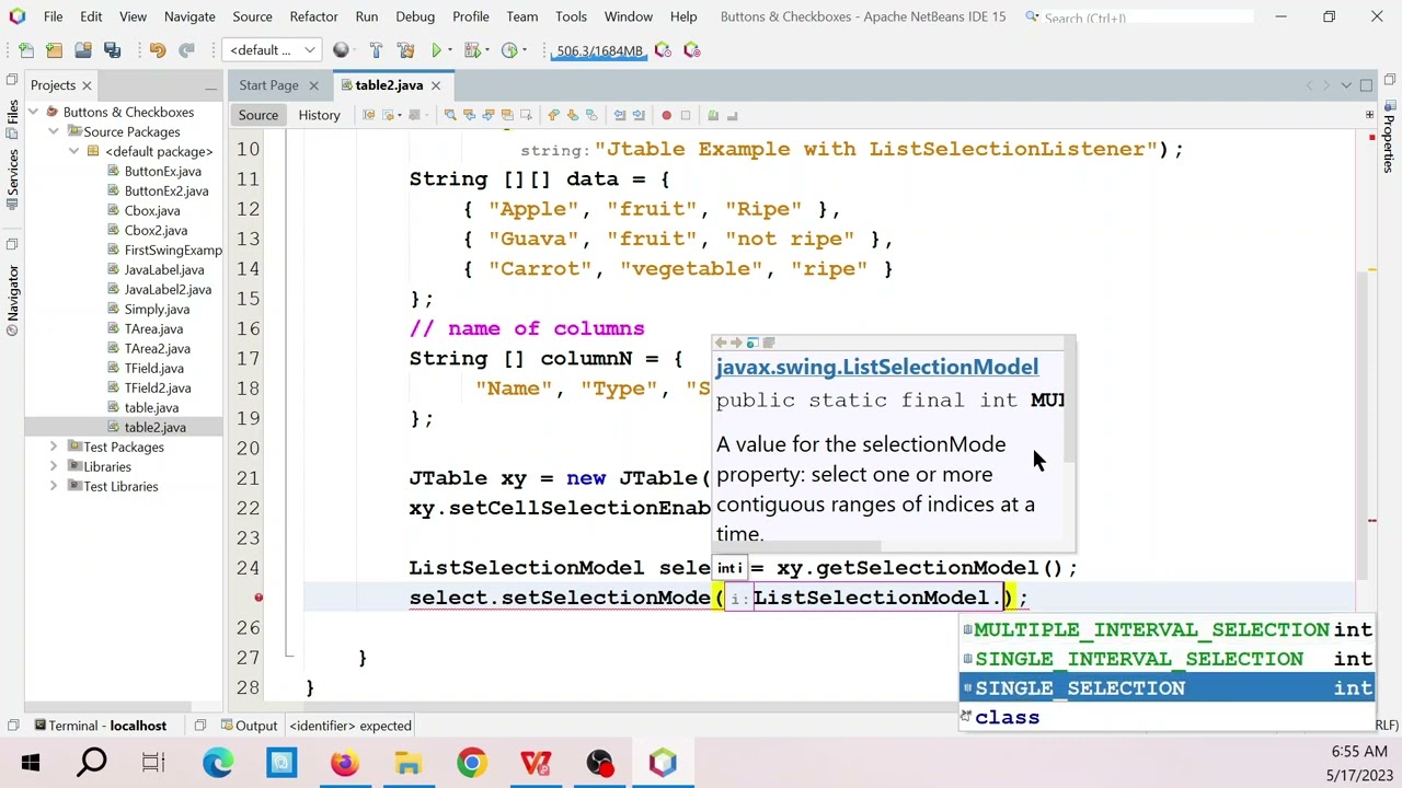 Java Swing: JTable & ListSelectionListener & JScrollPane
