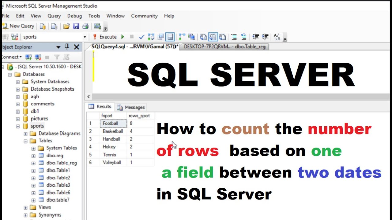sql tutorial -  How to count number of rows  based on one field between two dates in SQL Server