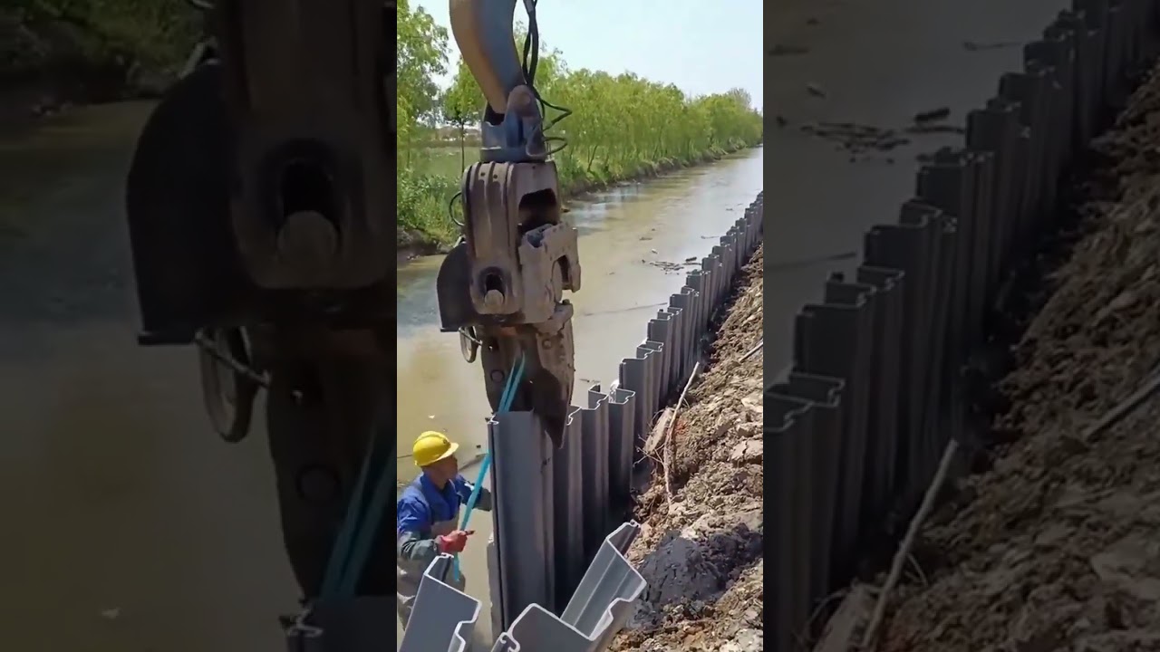 Vinyl sheet pile need less worker to install it.#riverbank  #sheetpile  #water  #installation