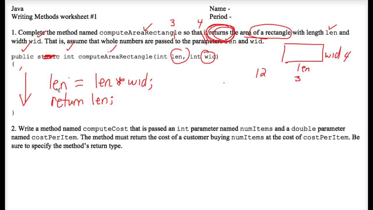 Java Writing Methods Worksheet #1