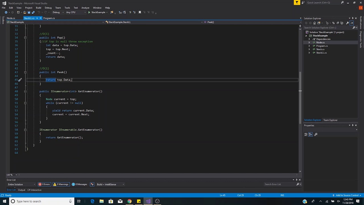 Stack implemented using Linked List in C#