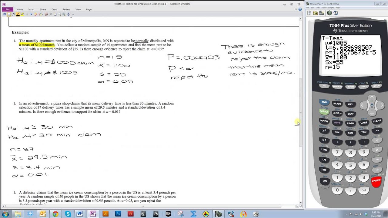 Hypothesis Testing for a Mean Using a TI-84 (ZTest and TTest)