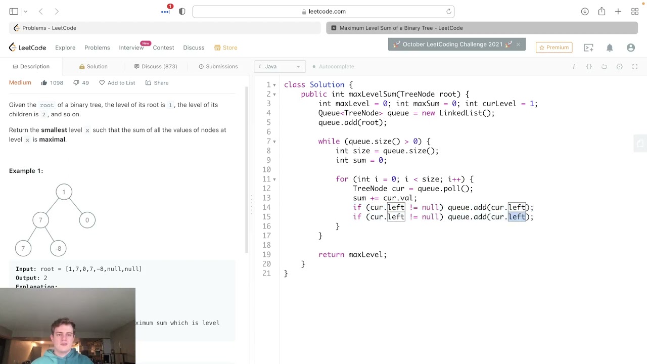 Leetcode Solution - 1161 Maximum Level Sum of a Binary Tree