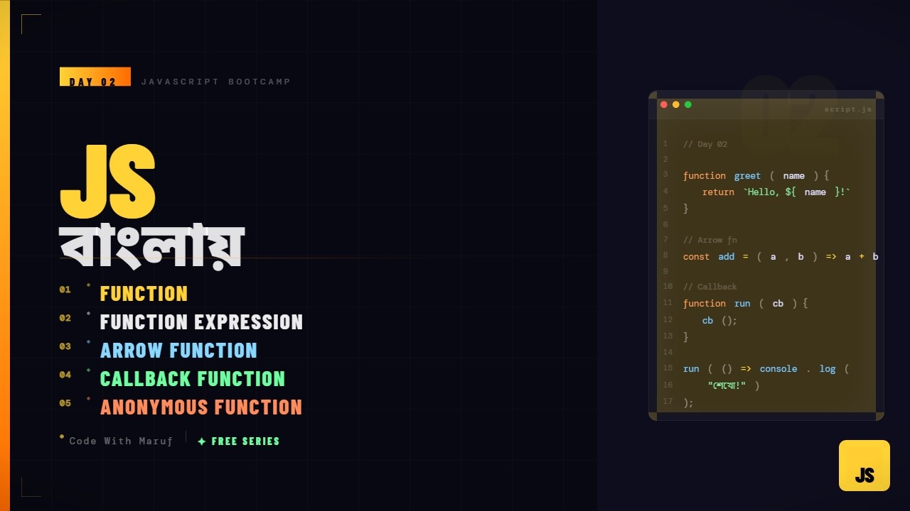JavaScript Bootcamp Day 2 (Bangla) | Functions, Function Expression, Arrow Function & Callback