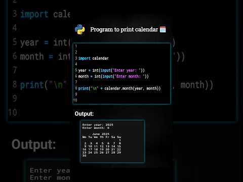 Print Calendar using python code 🗓️ 🔥 #pythonshorts #coding