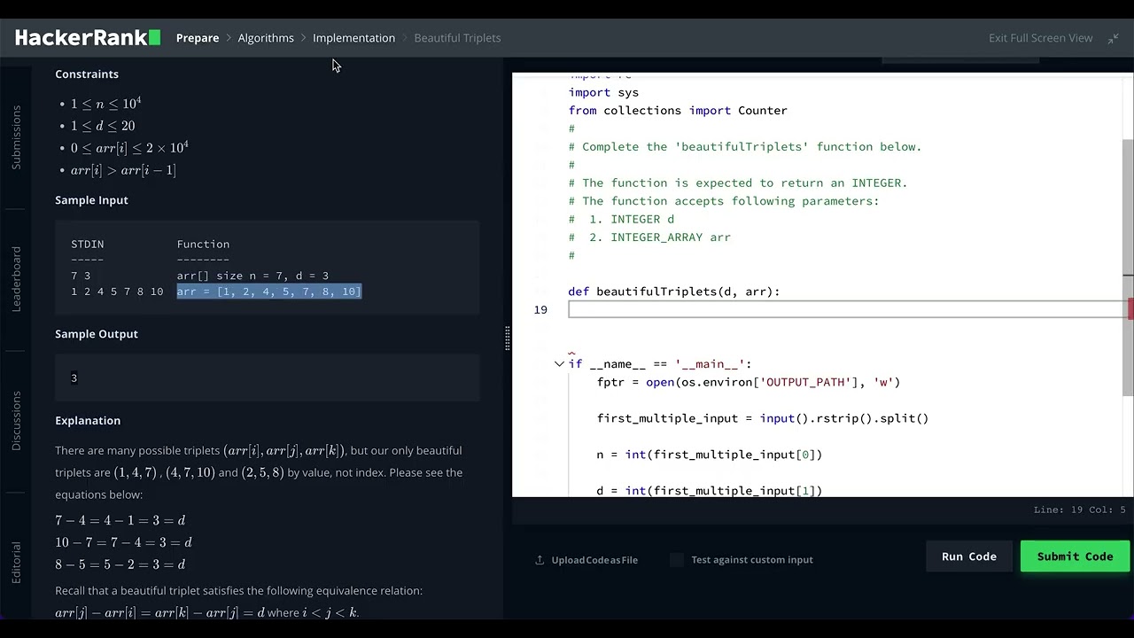 Hackerrank Beautiful Triplets - Python Solution (two ways)