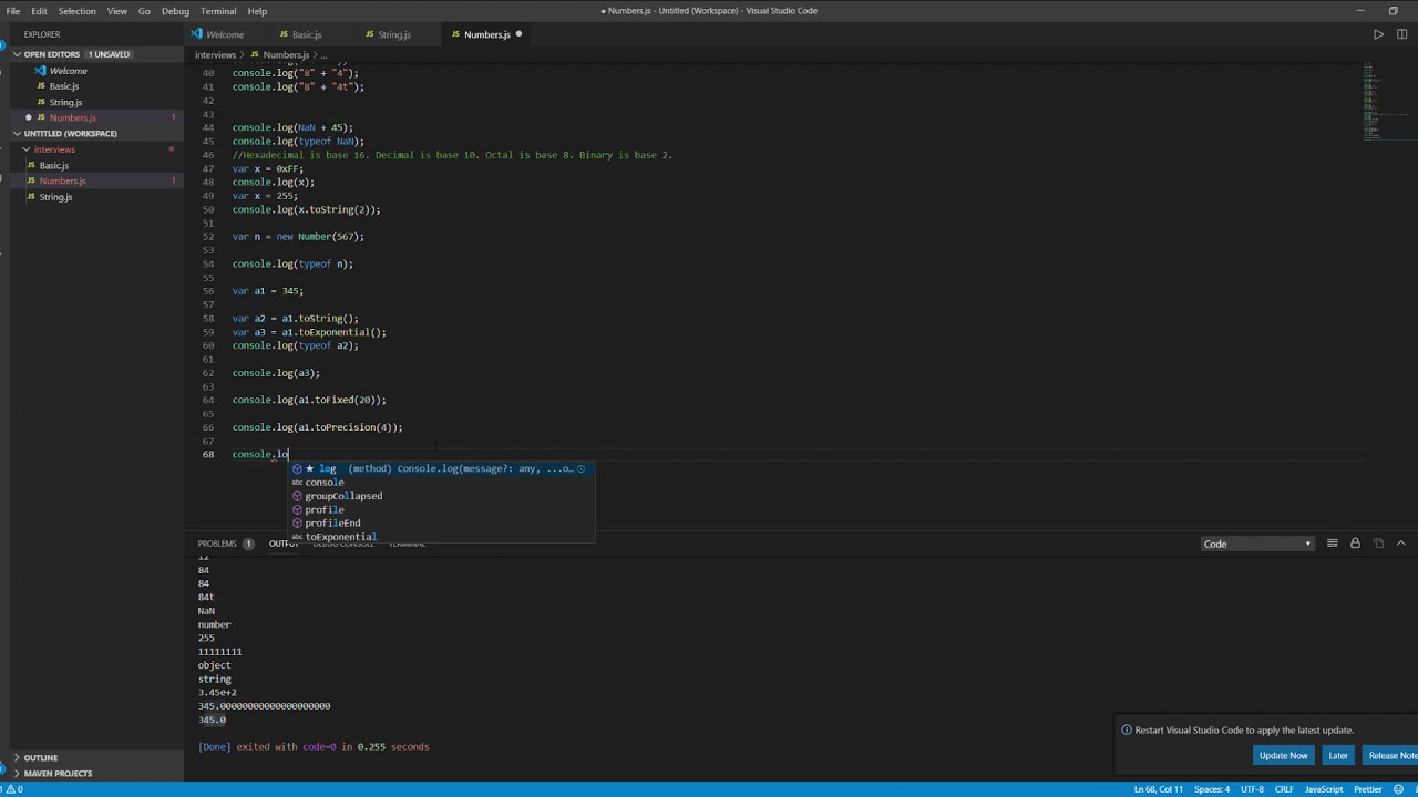 JavaScript number methods toString,  toExponential, toFixed, toPrecision and valueof()