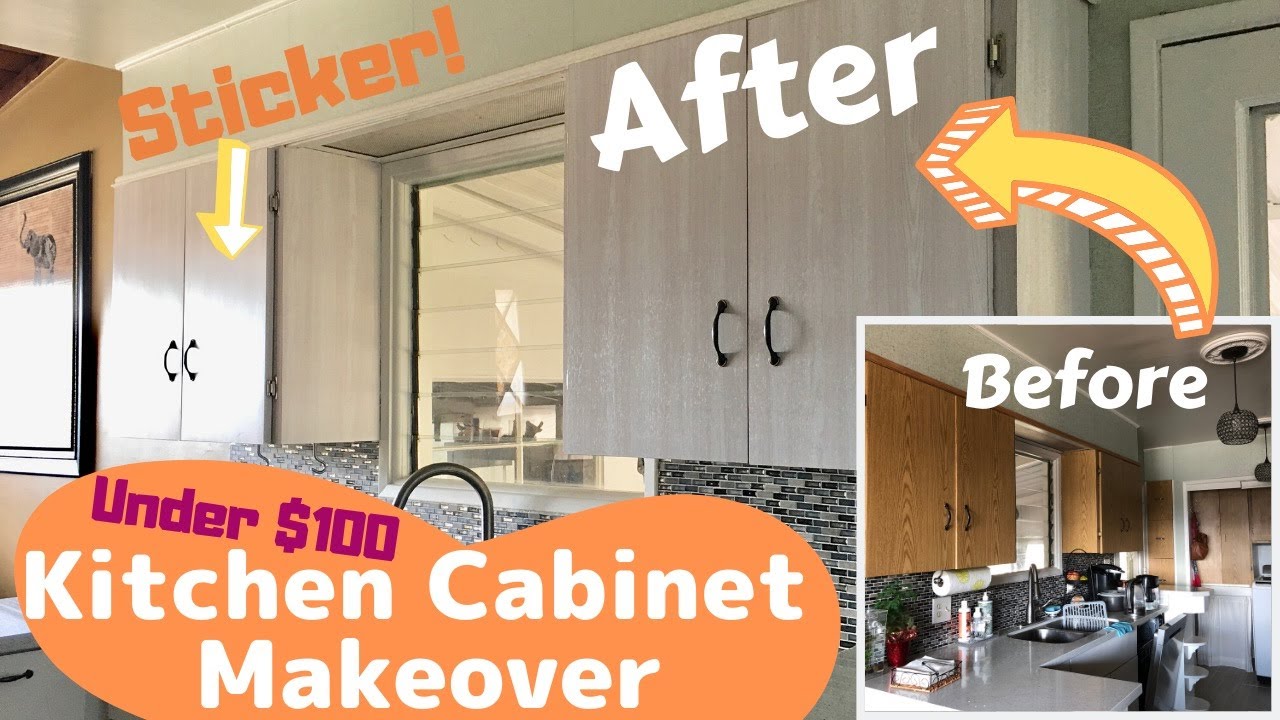 DIY kitchen cabinet makeover with peel & stick wallpaper under $100 check before & after