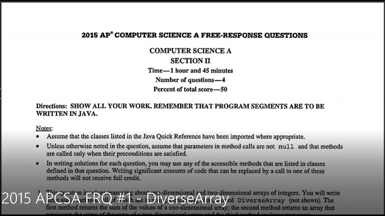 JAVA - Lesson #100 - APCSA - 2015 Free Response Question #1 - DiverseArray