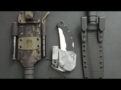 Ka-Bar Big Brother, Ontario SP-6, and Cold Steel Talwar custom sheaths