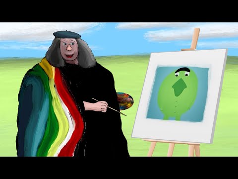 An animation of a painter painting a painting