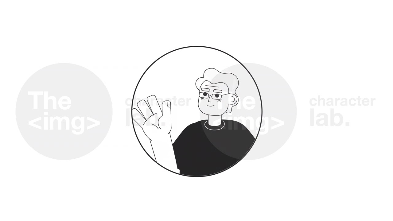 Elderly caucasian man waving hand greeting black and white 2D avatar animation
