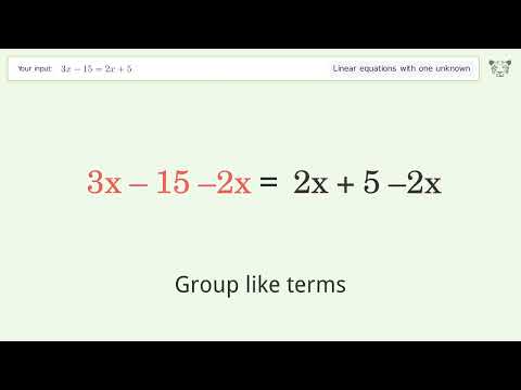 Linear equation with one unknown: Solve 3x-15=2x+5 step-by-step solution