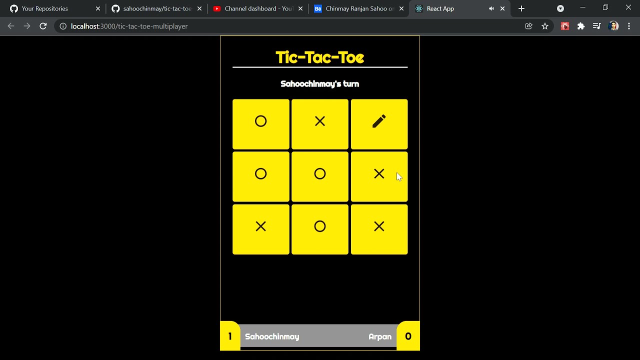 Tic-Tac-Toe Multiplayer using Reactjs | Sahoochinmay