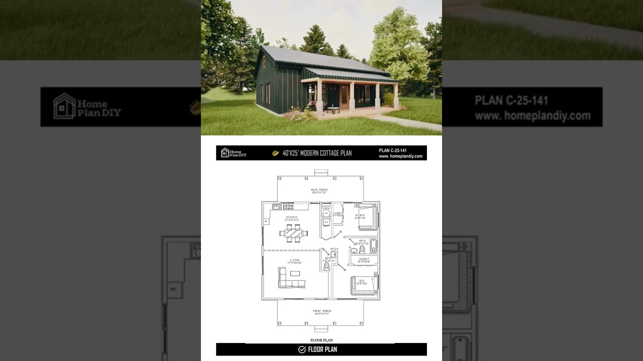 36x30 Tiny House Plans  Modern 2 Bedroom, 2 Bath Cabin Blueprint #floorplan #blueprint #modern