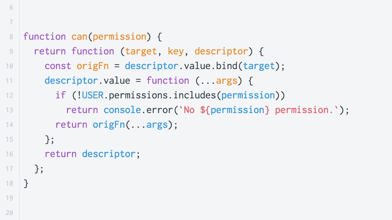 JavaScript Decorators: @can