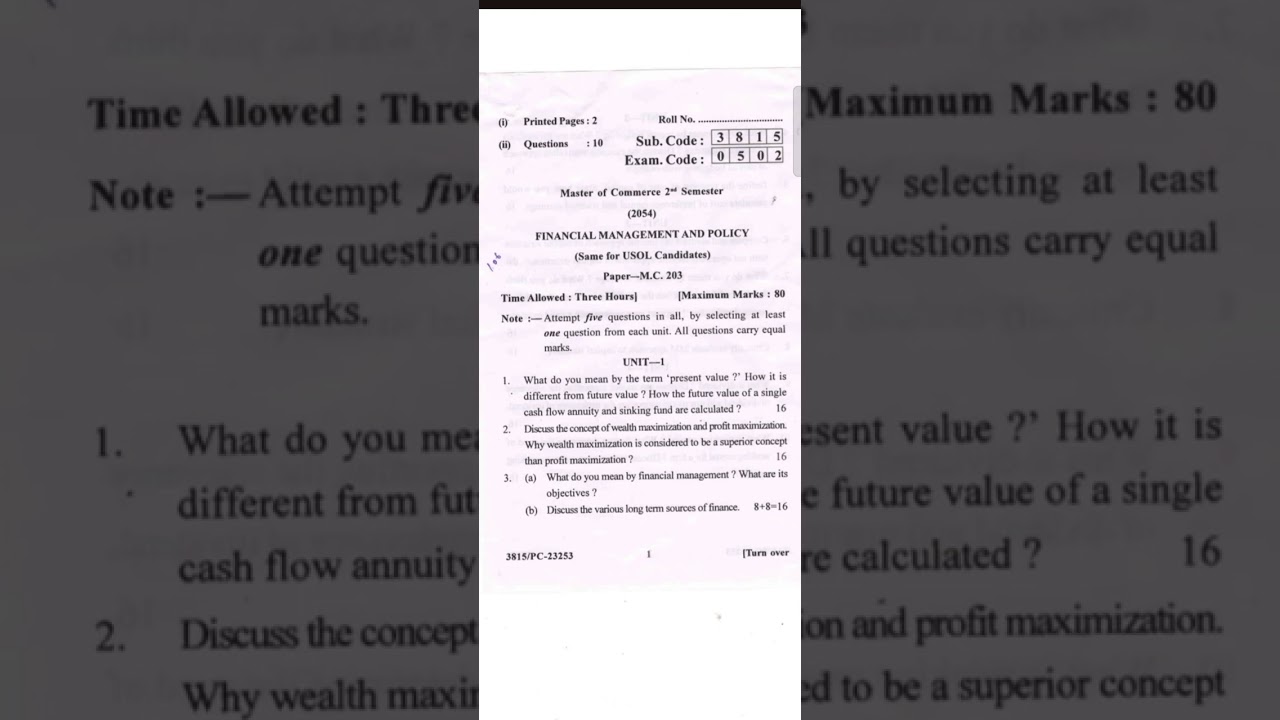 Financial Management And Policy Ques  Paper 2024 Mcom 2 sem #financialmanagement #importantquestions