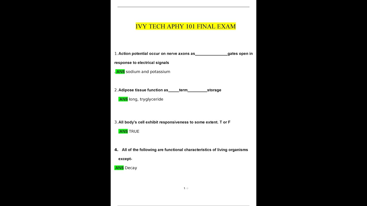 Ivy Tech Anatomy and Physiology 101 Final Exam Questions and Answers 2024   2025  100% Verified Answ
