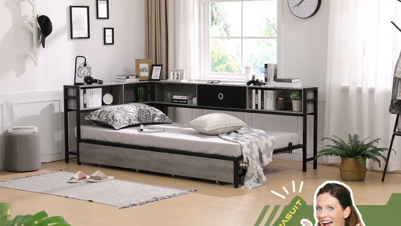 Hasuit Corner Bed Frame with Storage Drawers and Bookcase Headboard