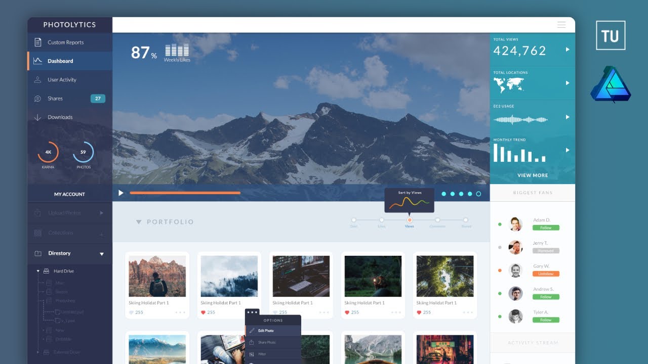 PhotoLytics Dashboard UI Web design using affinity designer