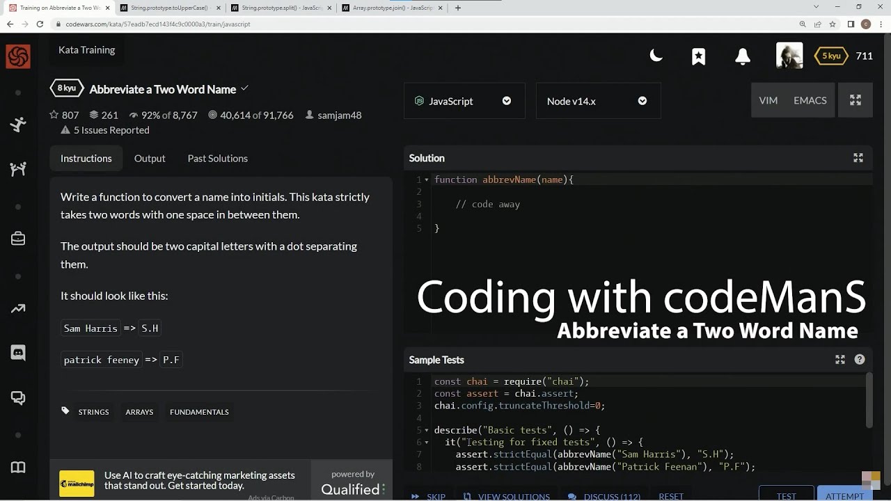 Codewars 8 kyu Abbreviate a Two Word Name Javascript