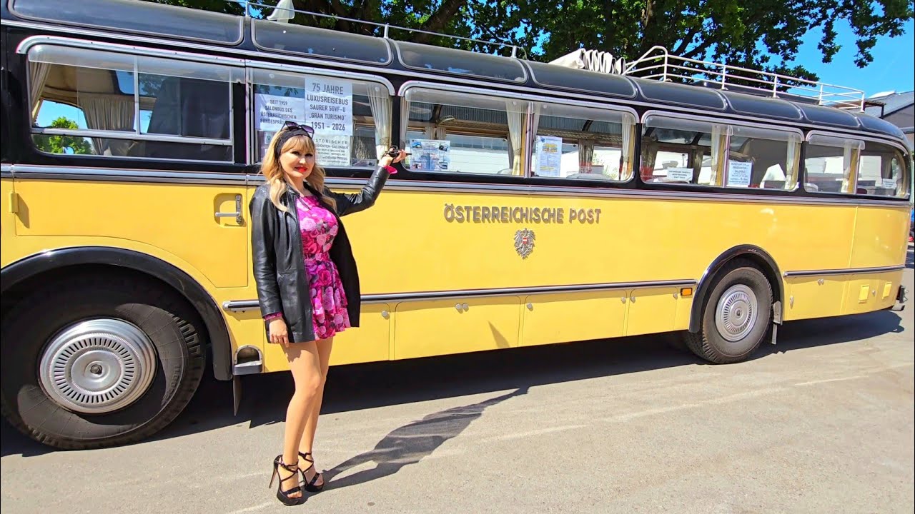 4k,Granate Travelling attending annual  classic car exhibition Tulln, miniskirt, high heels 