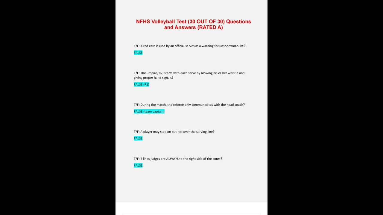NFHS Volleyball Test 30 OUT OF 30 Questions and Answers RATED A