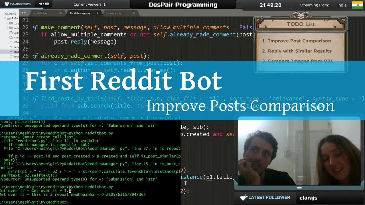 DesPair Programming #15 | First Reddit Bot, Episode 2: Improving Posts Comparison [Python]