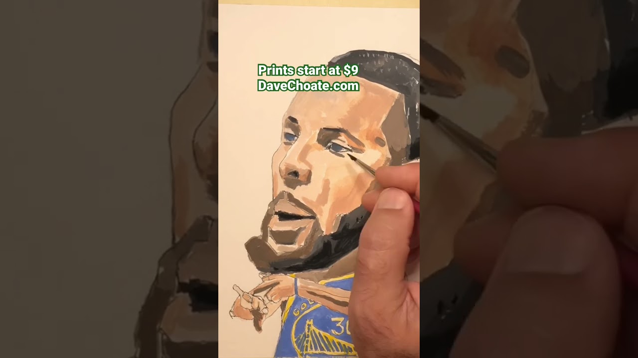 Timelapse watercolor painting of Steph Curry, Golden State Warriors pointing to ho ring finger.