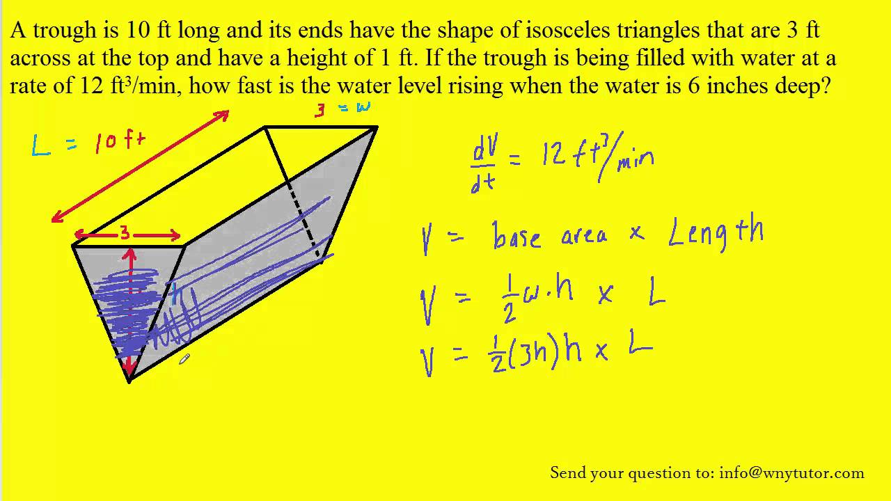 A trough is 10 ft long and its ends have the shape of isosceles triangles that are 3 ft across at th
