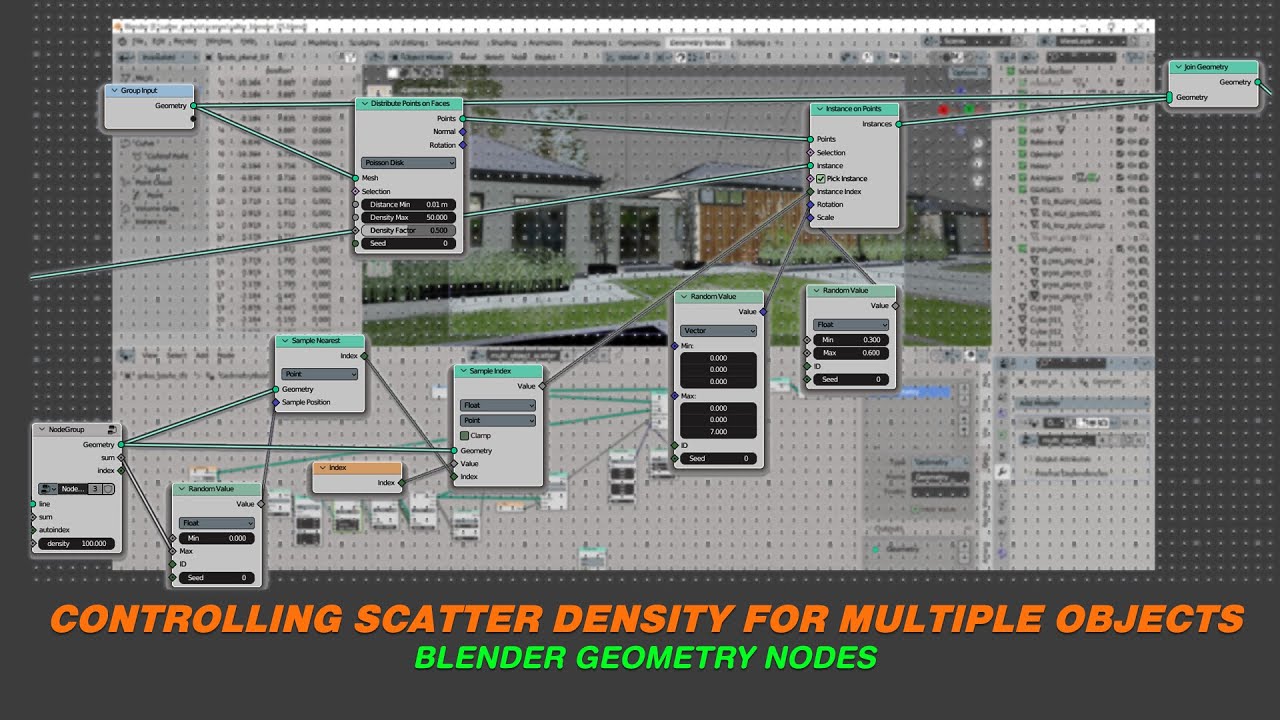 Blender: Controlling scatter density with geometry nodes, multiple objects.