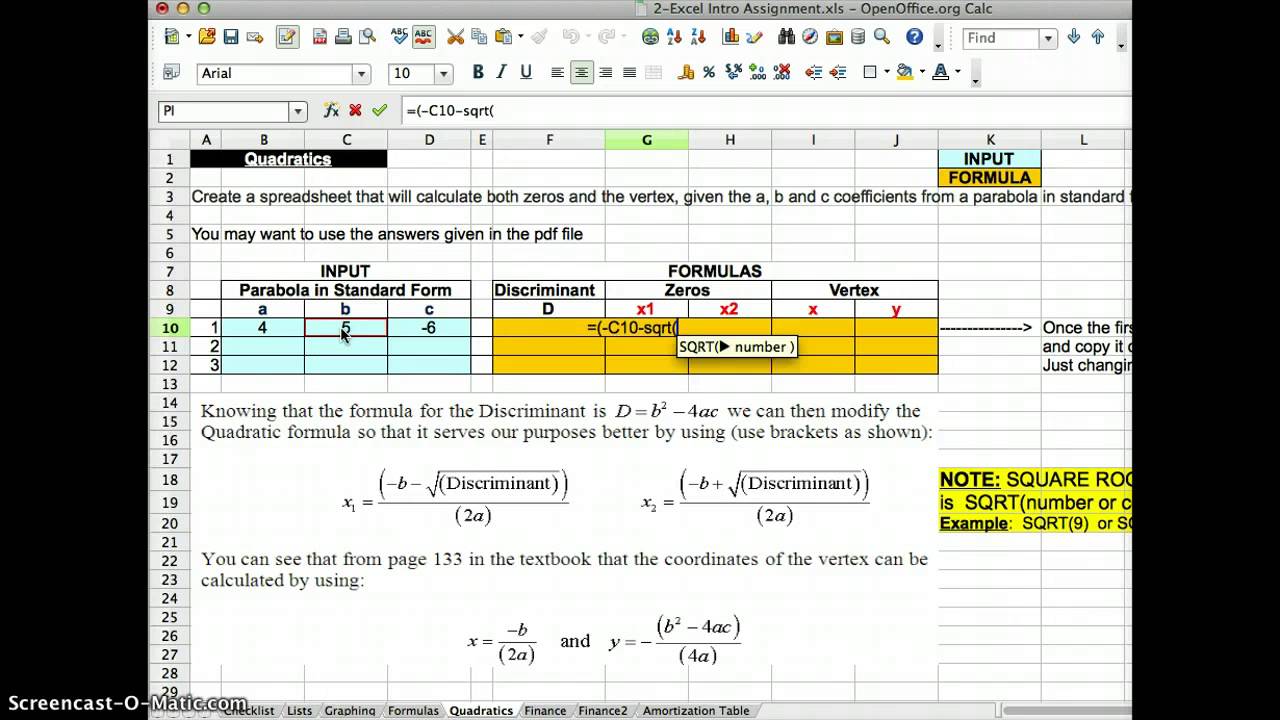 Spreadhseet Basics Tutorial 3 - Quadratics