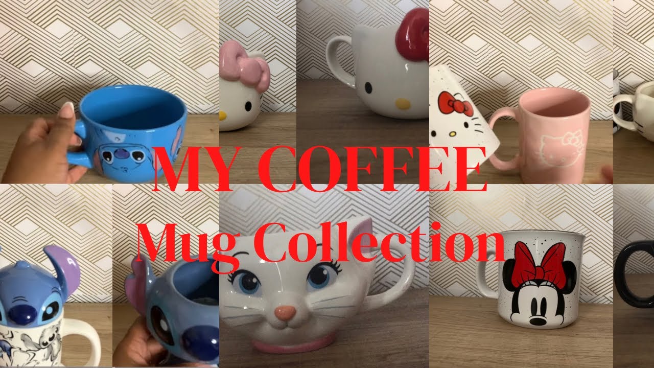 My Coffee Mug Collection which features Starbucks mugs, Disney mugs, & Sanrio mugs