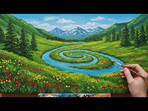 How to Paint Mountain Lake Village | landscape Acrylic painting tutorial | Easy painting