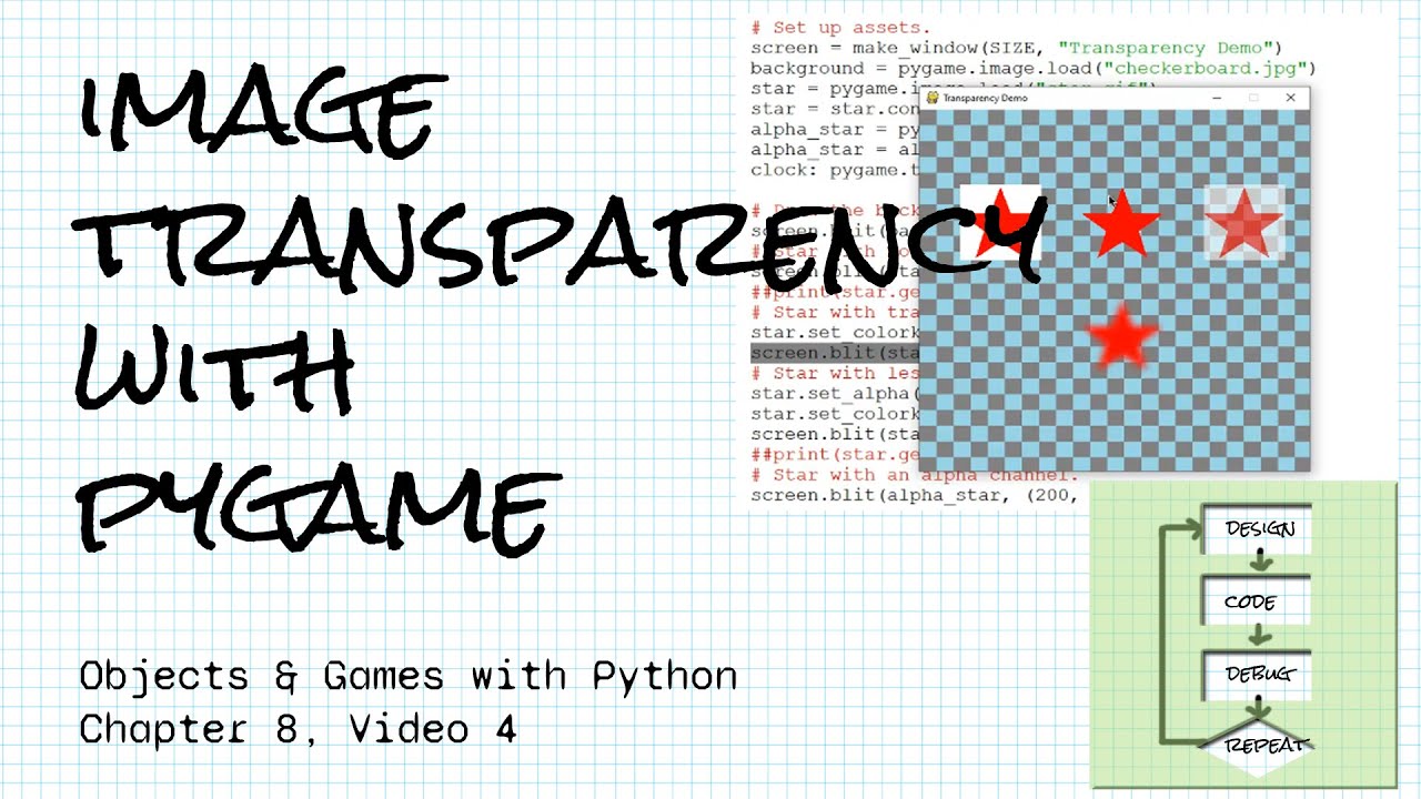 Image transparency with pygame; Objects & Games with Python Chapter 8 Video 4