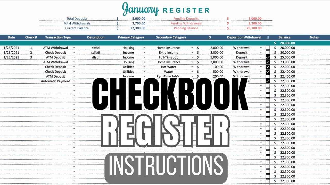 Checkbook Register Spreadsheet Excel and Google Sheets Tutorial/Instructions